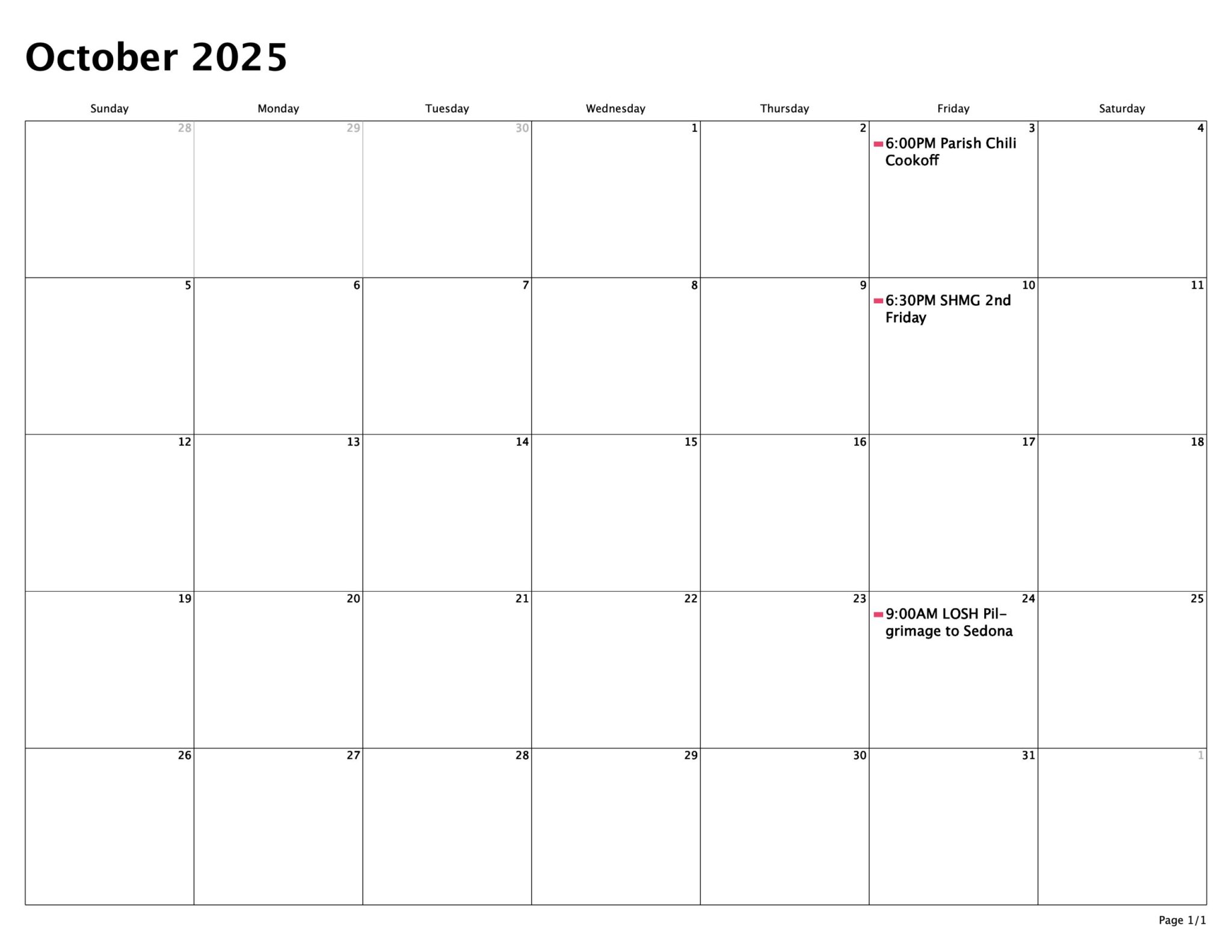 October 2025 Events Calendar – St. Henry Catholic Church